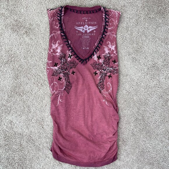 Affliction | Tops | Affliction Tank Womens S Pink Cross Embroidered ...